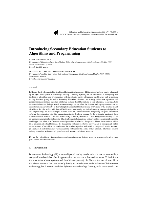 (PDF) Introducing Secondary Education Students to Algorithms and ...