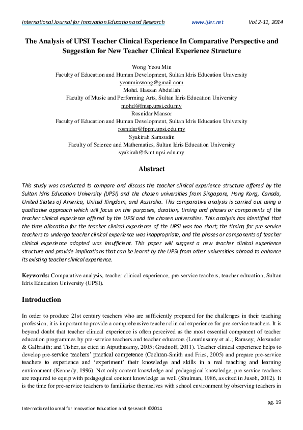 (PDF) Analysis of UPSI Teacher Clinical Experience In Comparative Perspective and Suggestion for ...