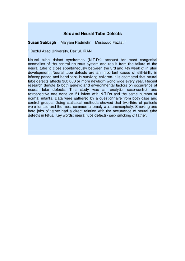 Pdf Sex And Neural Tube Defects Maryam Radmehr