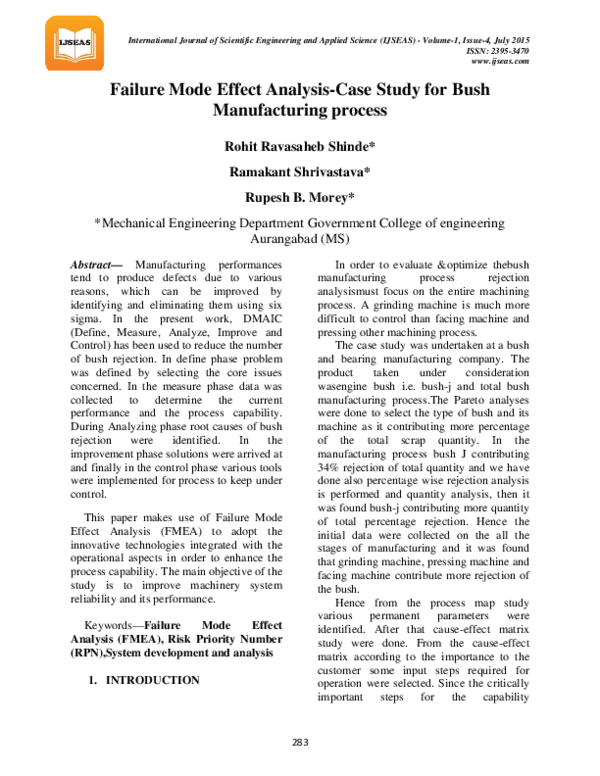 (PDF) Failure Mode Effect Analysis-Case Study for Bush Manufacturing process
