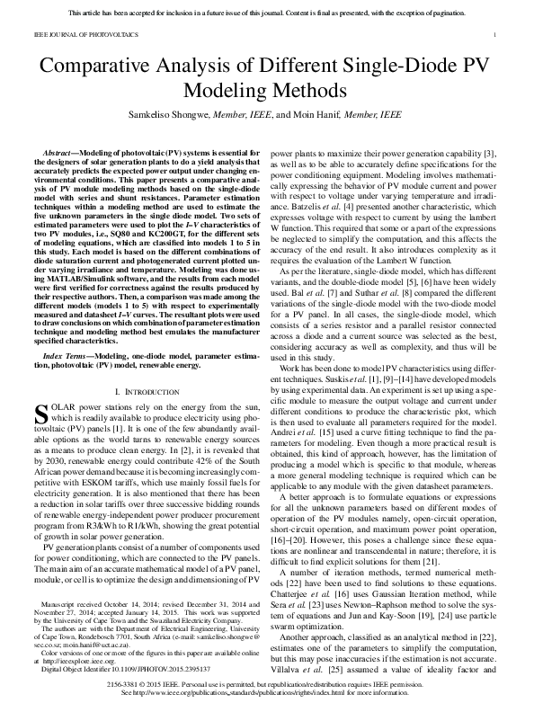 (PDF) Comparative Analysis of Different Single-Diode PV Modeling Methods