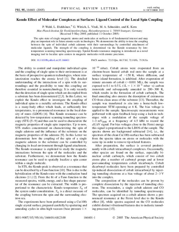 (PDF) Kondo effect of molecular complexes at surfaces: Ligand control ...