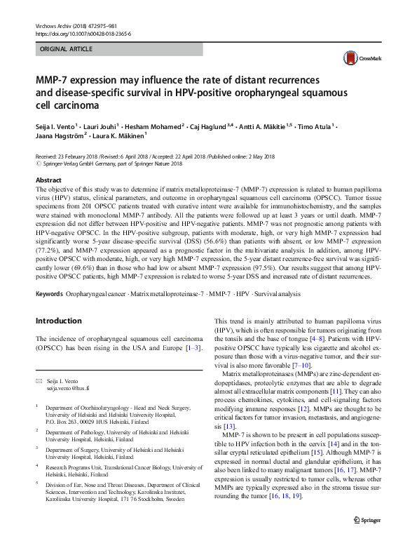 (PDF) MMP-7 expression may influence the rate of distant recurrences ...