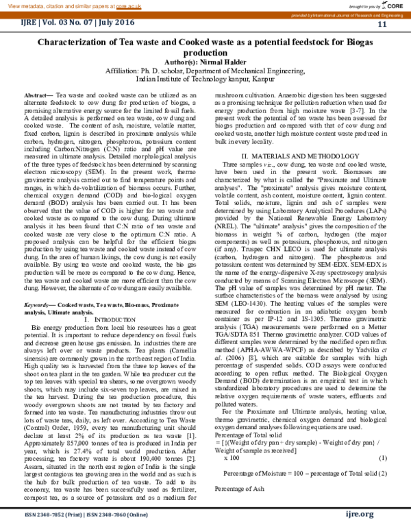 Characterization of Tea waste and Cooked waste as a potential feedstock for Biogas production