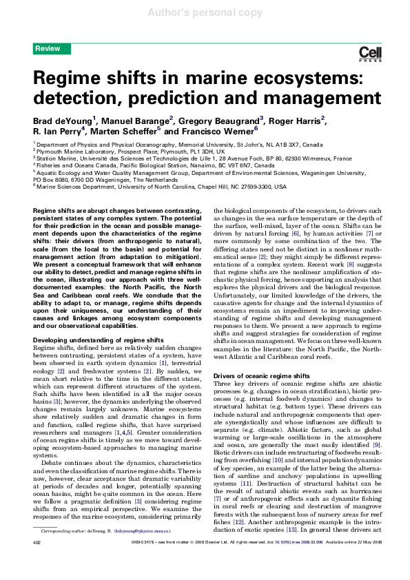 (PDF) Regime shifts in marine ecosystems: detection, prediction and ...