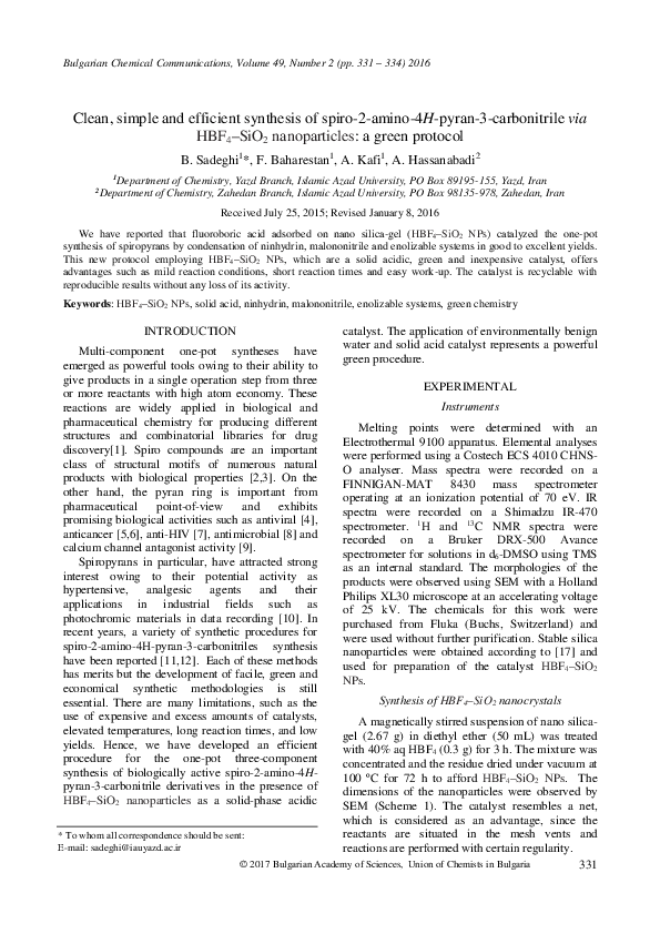 (PDF) Clean, simple and efficient synthesis of spiro-2-amino-4H-pyran-3 ...