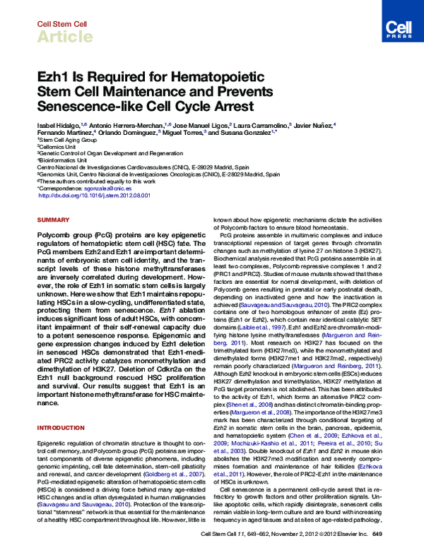 (PDF) Ezh1 Is Required for Hematopoietic Stem Cell Maintenance and ...