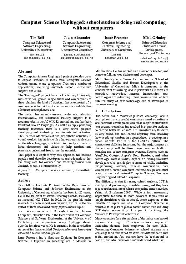 (PDF) Computer Science Unplugged: School Students Doing Real Computing ...