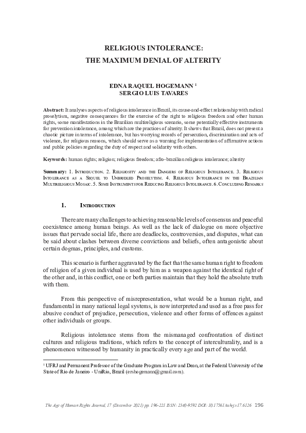 (PDF) Religious intolerance: the maximum denial of alterity