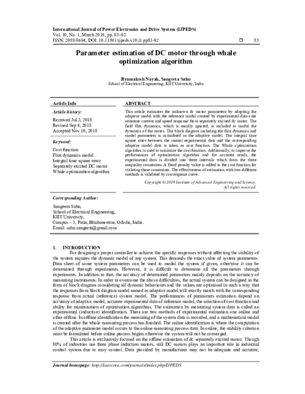 Pdf Parameter Estimation Of Dc Motor Through Whale Optimization Algorithm