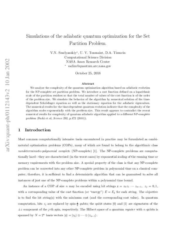 (PDF) Simulations of the adiabatic quantum optimization for the set ...