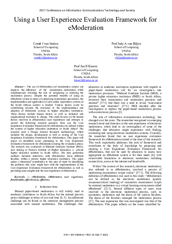 Pdf Using A User Experience Evaluation Framework For Emoderation