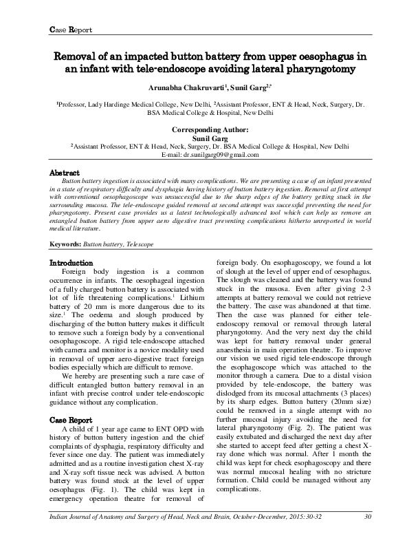 (PDF) Removal of an impacted button battery from upper oesophagus in an ...