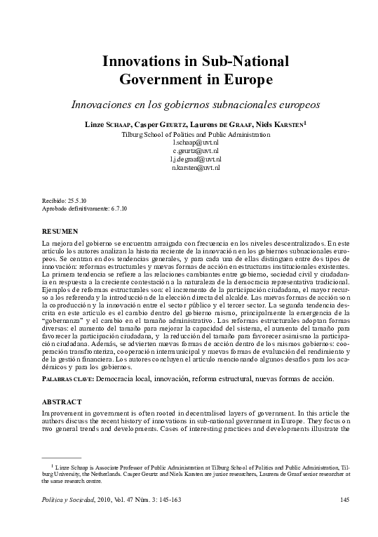 (PDF) Innovations in Sub-National Government in Europe