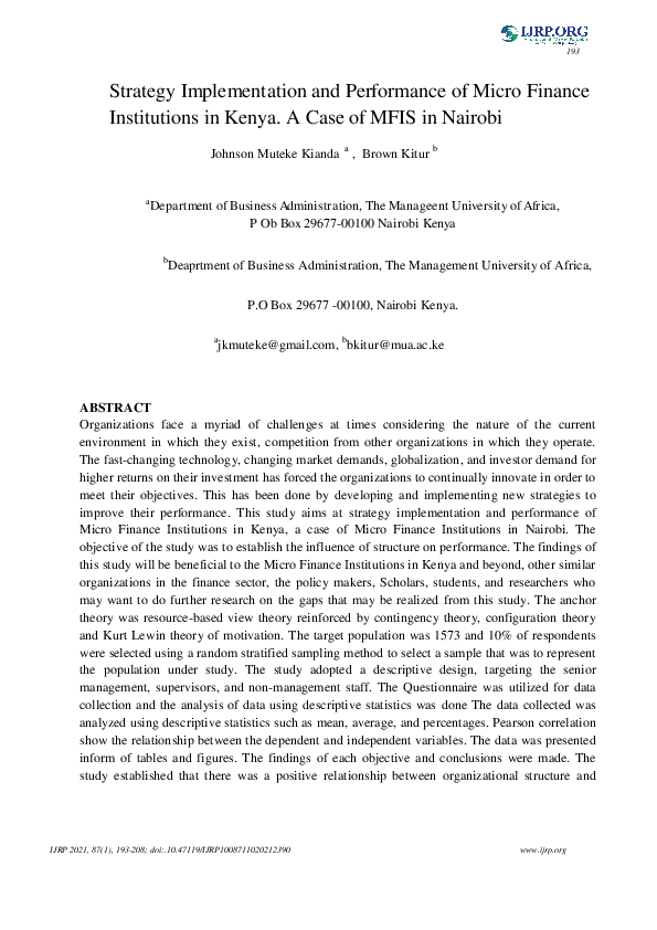 (PDF) Strategy Implementation and Performance of Micro Finance Institutions in Kenya: A Case of ...