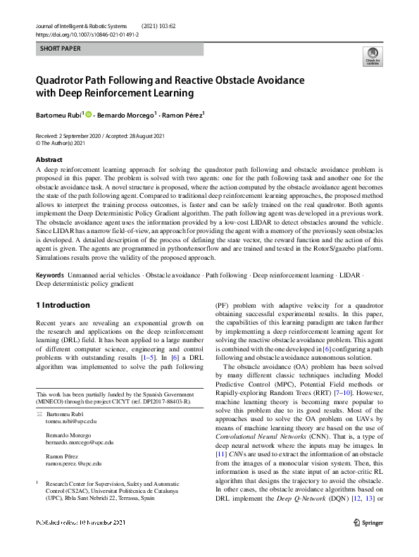 (PDF) Quadrotor Path Following and Reactive Obstacle Avoidance with Deep Reinforcement Learning