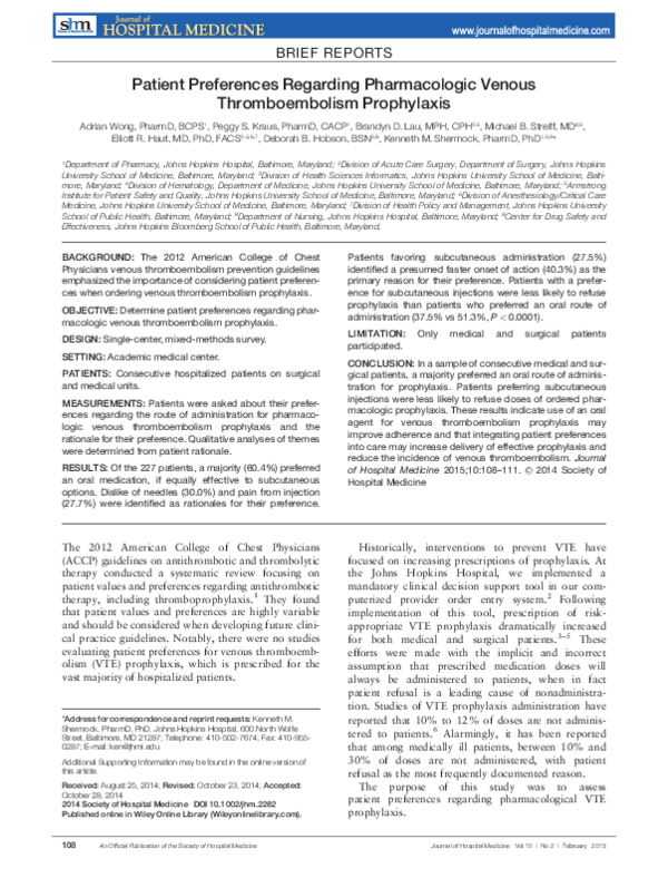 (PDF) Patient preferences regarding pharmacologic venous thromboembolism prophylaxis