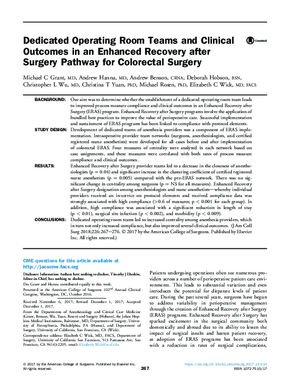 (PDF) Dedicated Operating Room Teams and Clinical Outcomes in an ...
