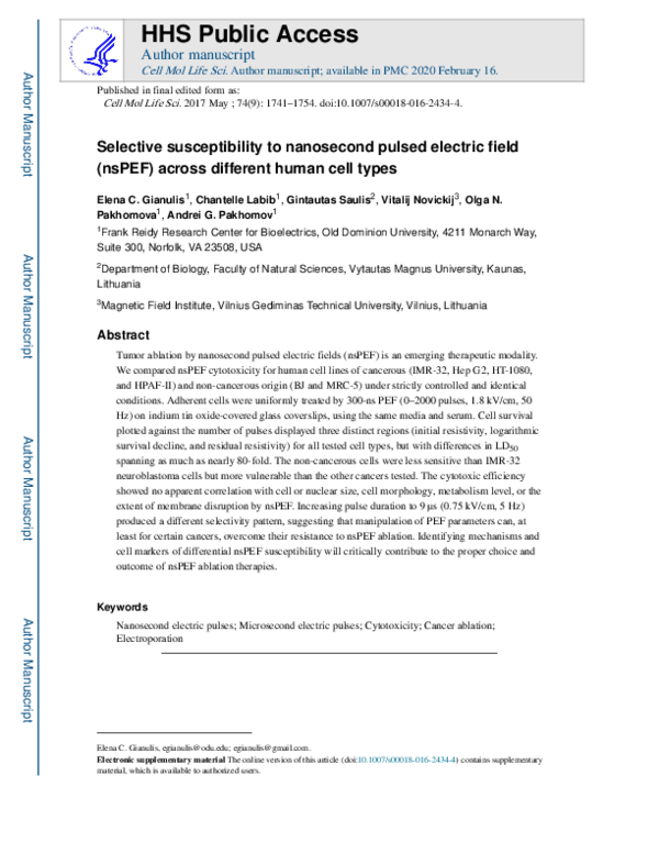 (PDF) Selective susceptibility to nanosecond pulsed electric field ...