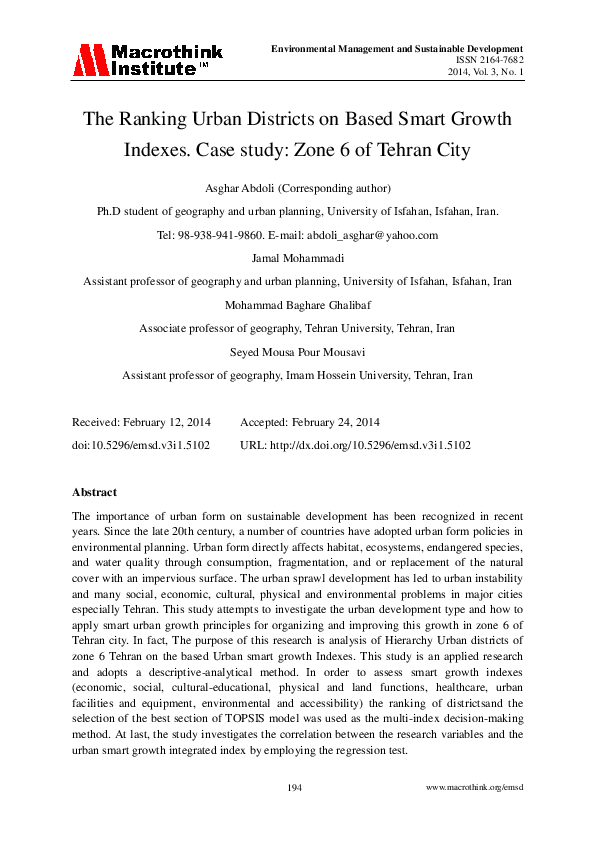 (PDF) The Ranking Urban Districts on Based Smart Growth Indexes. Case ...
