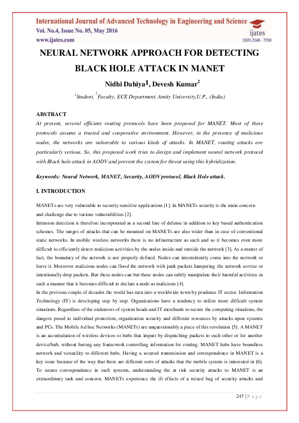 Pdf Neural Network Approach For Detecting Black Hole Attack In Manet