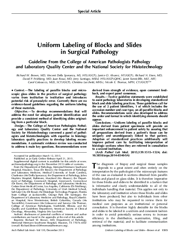(PDF) Uniform Labeling of Blocks and Slides in Surgical Pathology ...
