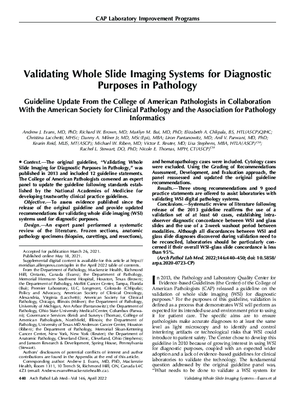 (PDF) Validating Whole Slide Imaging Systems for Diagnostic Purposes in Pathology