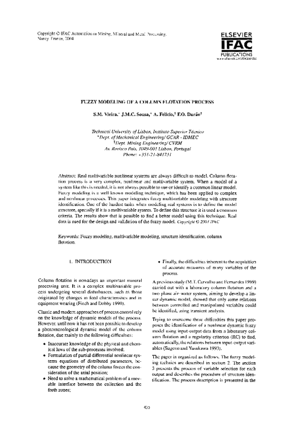 Pdf Fuzzy Modeling Of A Column Flotation Process