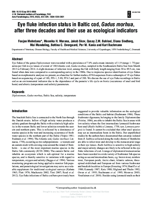 (PDF) Eye fluke infection status in Baltic cod, Gadus morhua, after ...