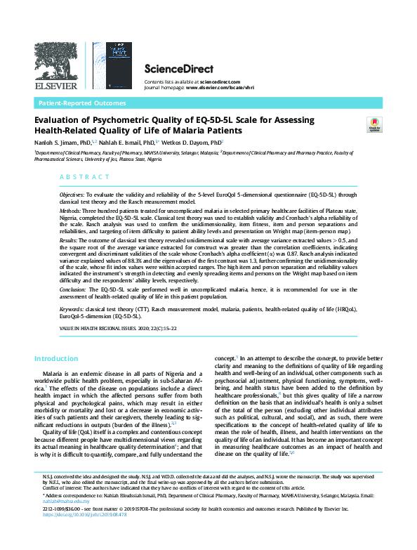 (PDF) Evaluation of Psychometric Quality of EQ-5D-5L Scale for ...