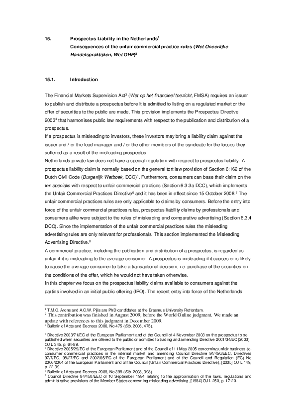 (PDF) Prospectus liability in the Netherlands. Consequences of the ...