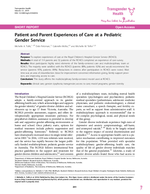 (PDF) Patient and Parent Experiences of Care at a Pediatric Gender Service