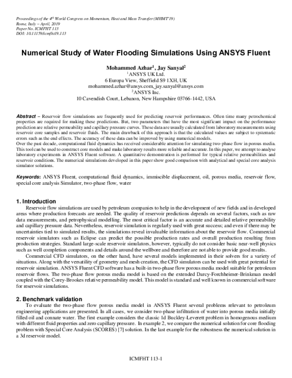 (PDF) Numerical Study of Water Flooding Simulations Using ANSYS Fluent