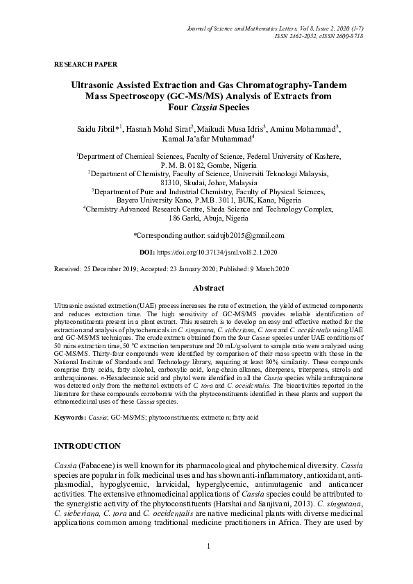 (PDF) Ultrasonic Assisted Extraction and Gas Chromatography-Tandem Mass Spectroscopy (GC-MS/MS ...
