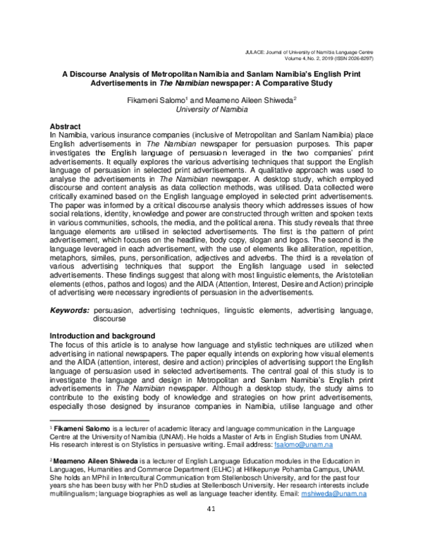(PDF) A Discourse Analysis of Metropolitan Namibia and Sanlam Namibia’s ...