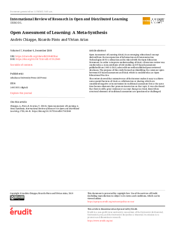 (PDF) Open Assessment of Learning: A Meta-Synthesis