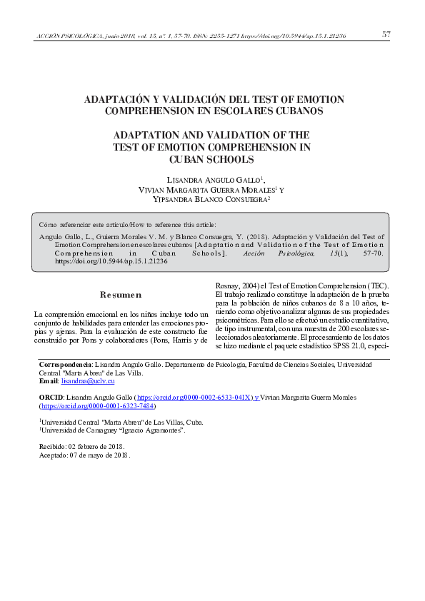 (PDF) Adaptación y Validación del Test of Emotion Comprehension en ...