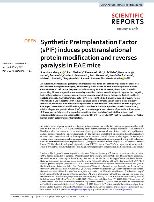 (PDF) Synthetic PreImplantation Factor (sPIF) induces posttranslational ...