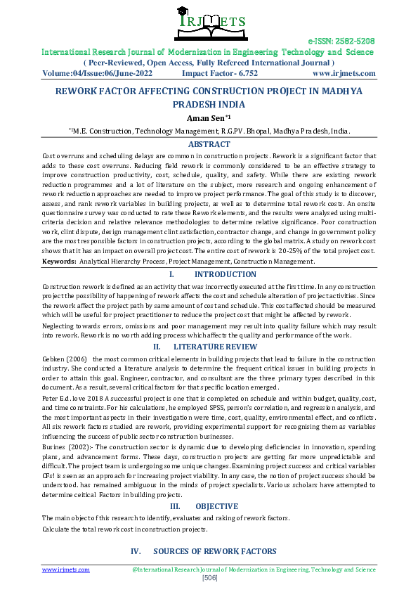 (PDF) REWORK FACTOR AFFECTING CONSTRUCTION PROJECT IN MADHYA PRADESH INDIA