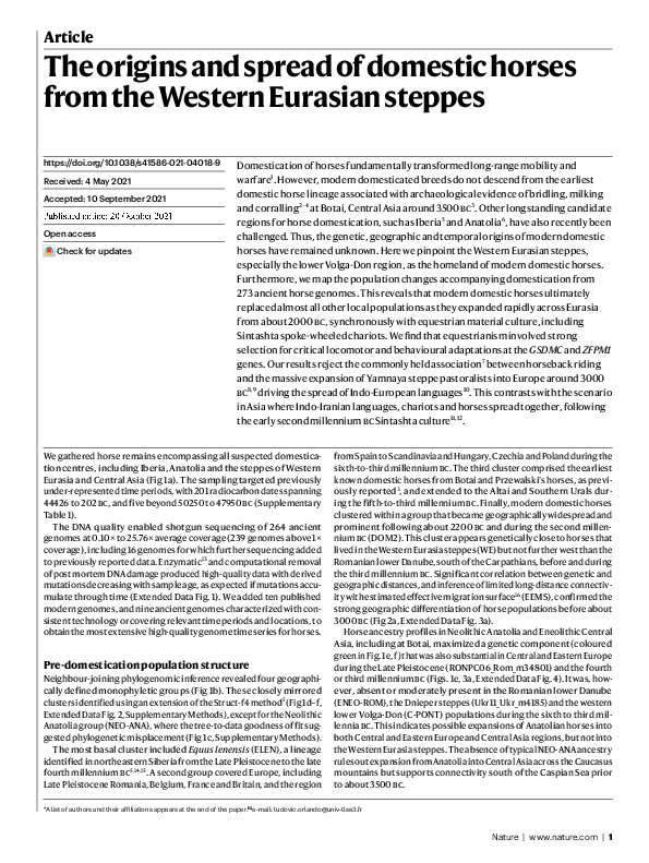(PDF) The origins and spread of domestic horses from the Western ...