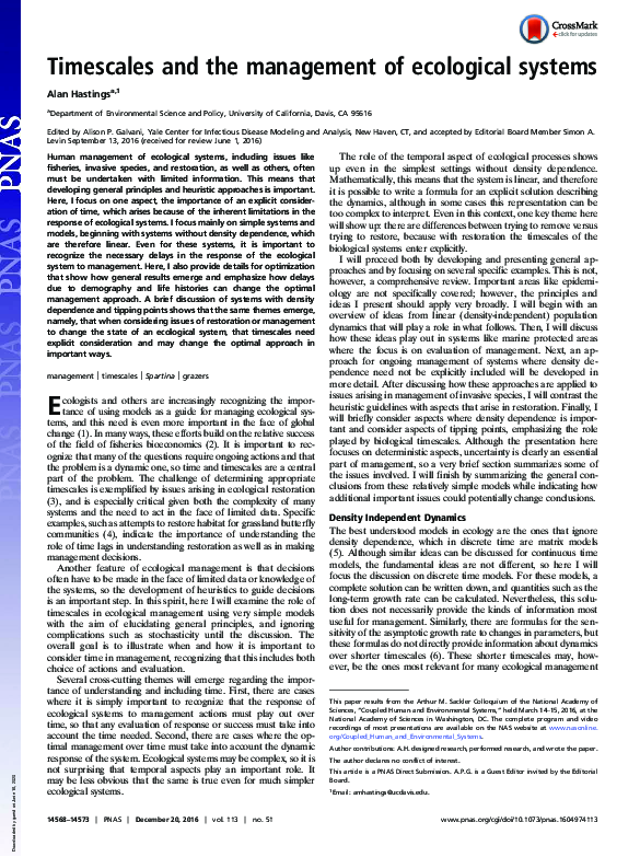 (PDF) Timescales and the management of ecological systems