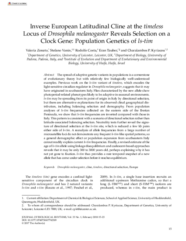 (PDF) Inverse European Latitudinal Cline at the timeless Locus of ...