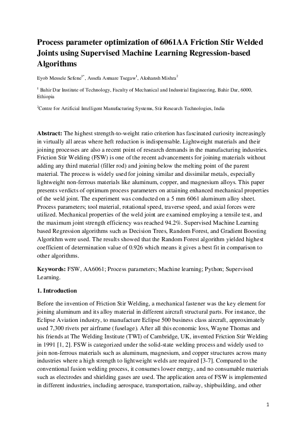 (PDF) Process parameter optimization of 6061AA Friction Stir Welded Joints using Supervised ...