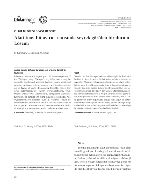 (PDF) Akut tonsillit ayırıcı tanısında seyrek görülen bir durum: Lösemi