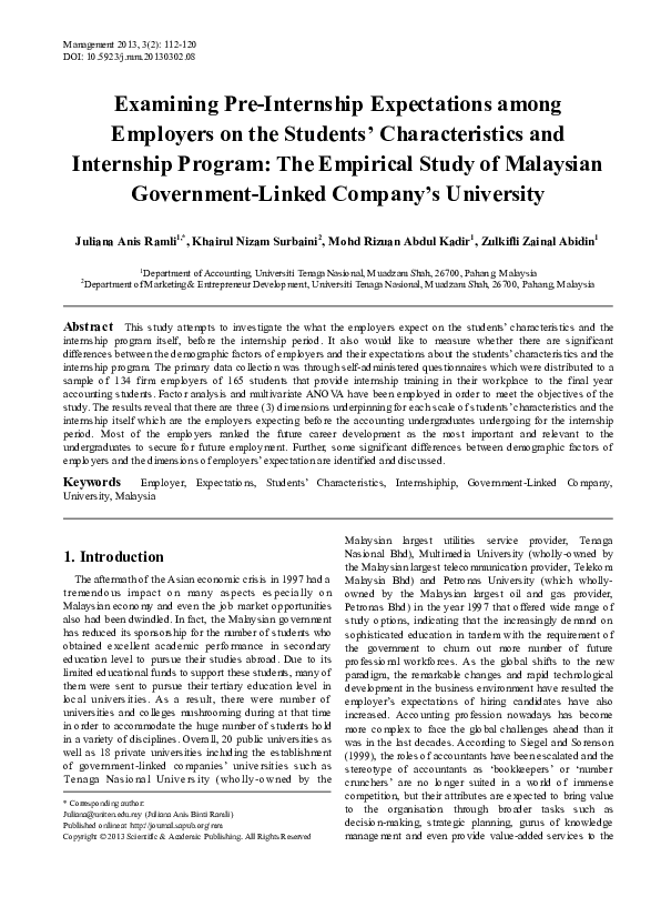 (PDF) Examining Pre-Internship Expectations among Employers on the ...