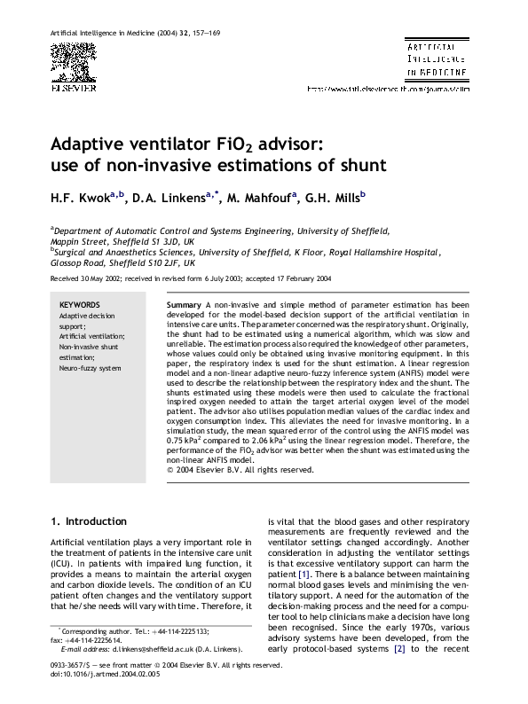 (PDF) Adaptive ventilator FiO2 advisor: use of non-invasive estimations ...