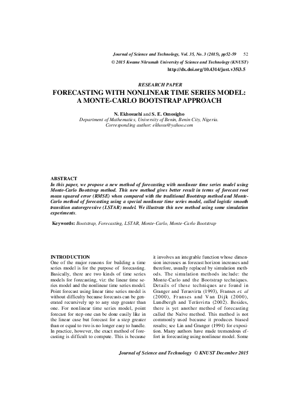 Pdf Forecasting With Nonlinear Time Series Model A Monte Carlo Bootstrap Approach