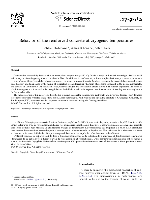 (PDF) Behavior of the reinforced concrete at cryogenic temperatures