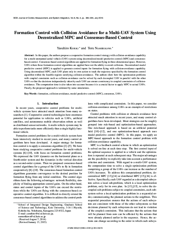 (PDF) Formation Control with Collision Avoidance for a Multi-UAV System Using Decentralized MPC ...