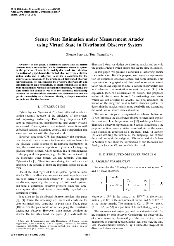 Pdf Secure State Estimation Under Measurement Attacks Using Virtual State In Distributed